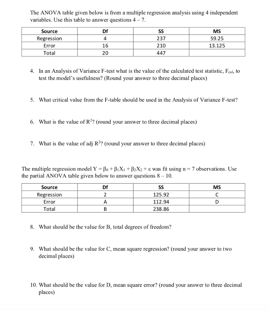 Solved Use the data given below to perform a regression | Chegg.com