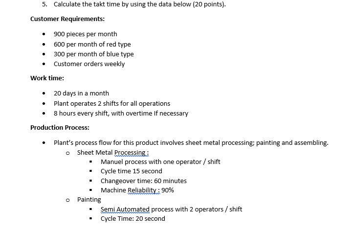 Solved 5. Calculate the takt time by using the data below | Chegg.com