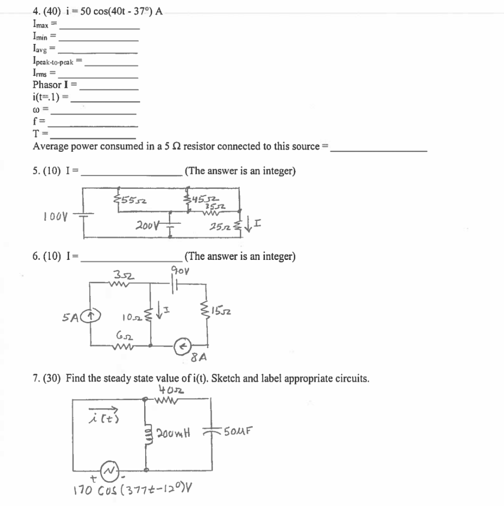 Solved 4. (40) i = 50 cos(40t - 379) A Imax = Imin = lavg | Chegg.com