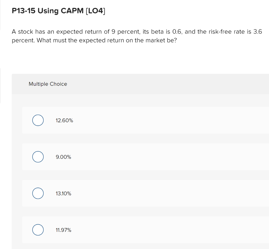 Solved P13-15 Using CAPM (L04] A stock has an expected | Chegg.com