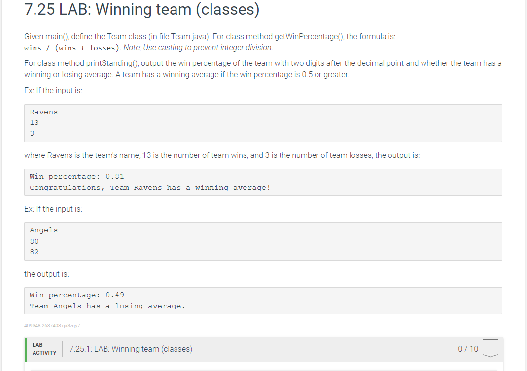 [Solved]: 7.25 LAB: Winning team (classes) Given main(),