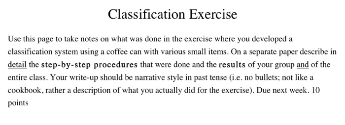 Classification Exercise Use this page to take notes | Chegg.com
