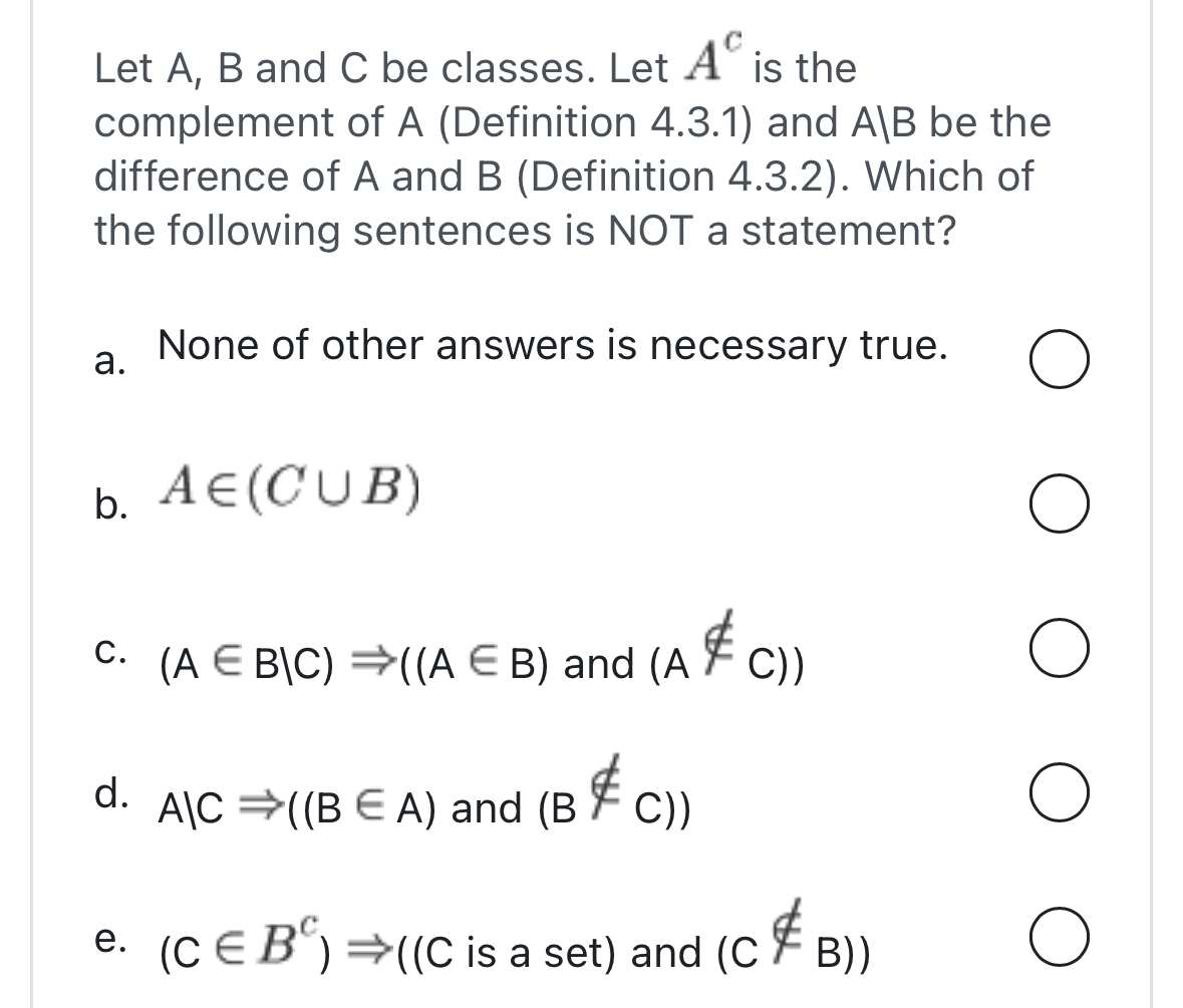Solved Let A,B and C be classes. Let AC is the complement of | Chegg.com