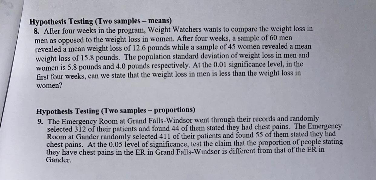 Solved Hypothesis Testing Two Samples Means 8 After 2492
