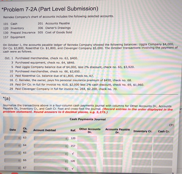 Solved Problem 7-2A (Part Level Submission) Reineke | Chegg.com