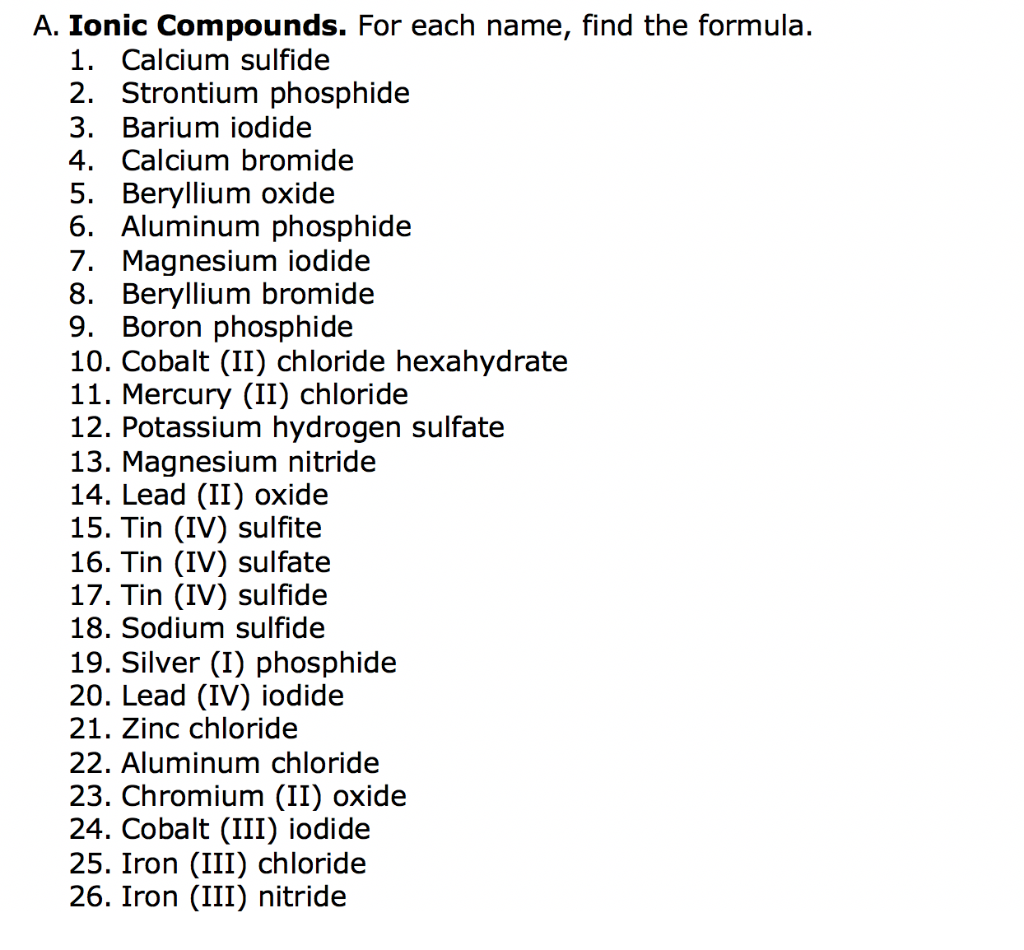Solved A. Ionic Compounds. For each name, find the formula. | Chegg.com