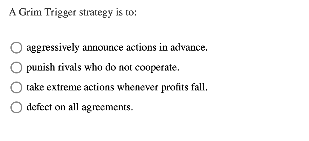 Solved A Grim Trigger strategy is to: aggressively announce | Chegg.com