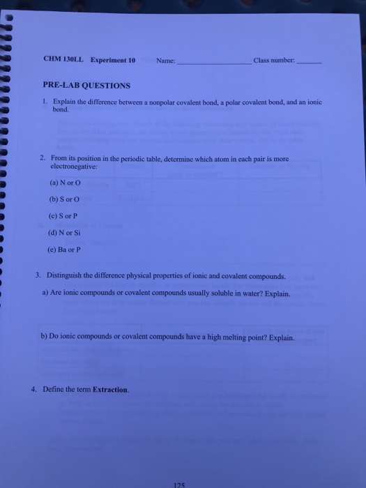 Solved CHM 130LL Experiment 10 Name: PRE-LAB QUESTIONS 1. | Chegg.com