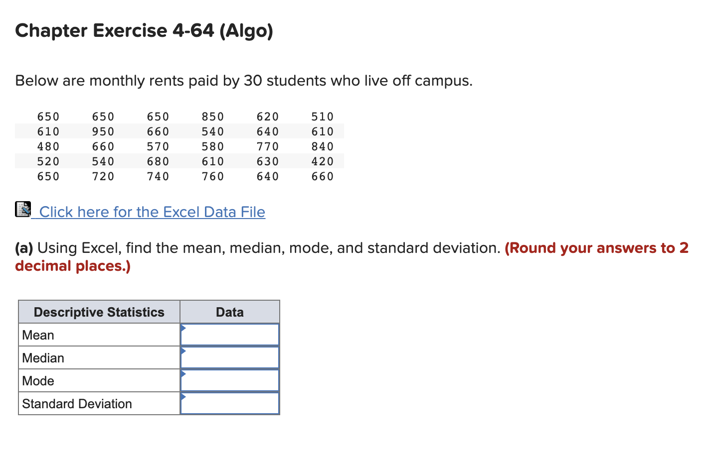 Solved Chapter Exercise 4-64 (Algo) Below are monthly rents | Chegg.com
