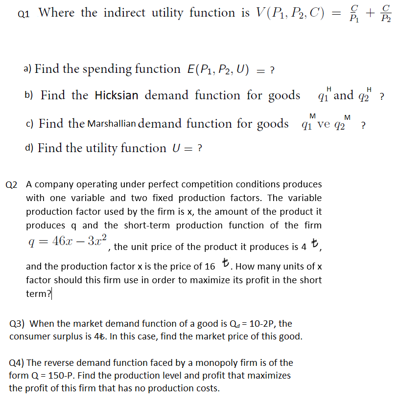 Solved Q1 Where the indirect utility function is V(P1, P2, | Chegg.com