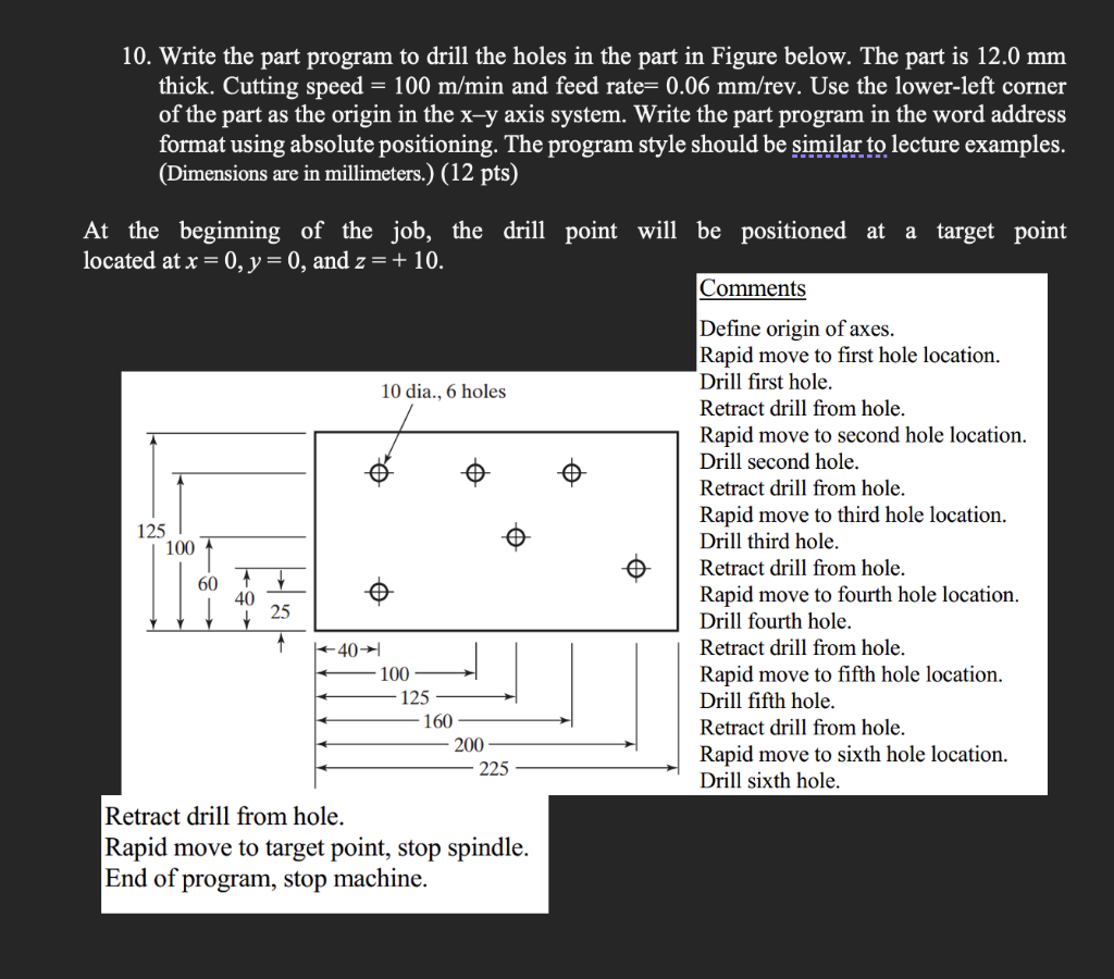Solved 10. Write the part program to drill the holes in the | Chegg.com