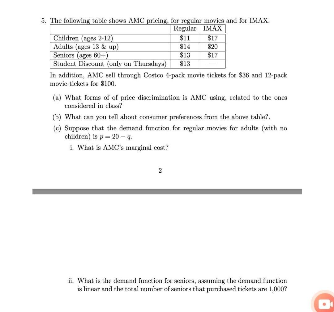 Solved 5. The following table shows AMC pricing, for regular | Chegg.com