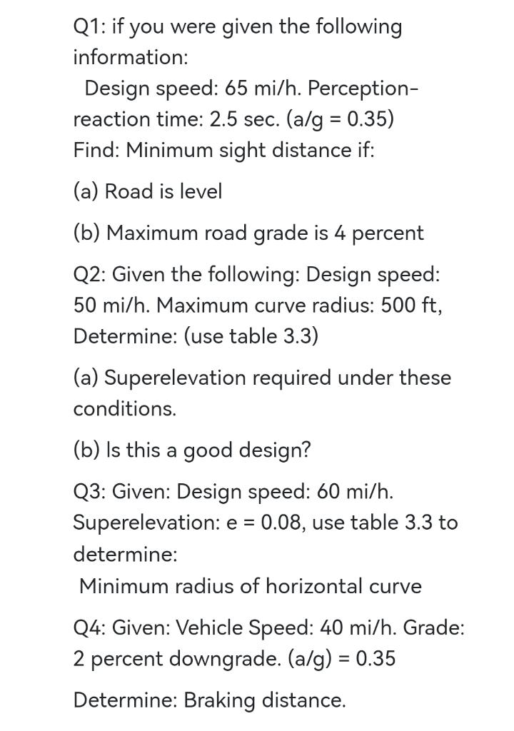 Solved Table 3.3 Coefficient of Side Friction for Different | Chegg.com