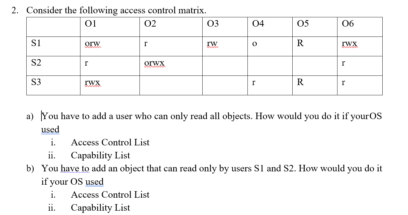 Solved 2. Consider the following access control matrix. 01 | Chegg.com