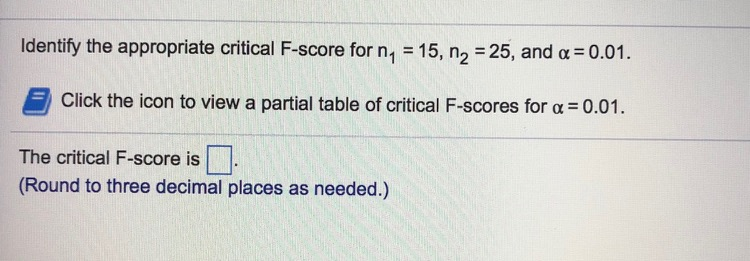 Solved Identify the appropriate critical F-score for n1 15, | Chegg.com