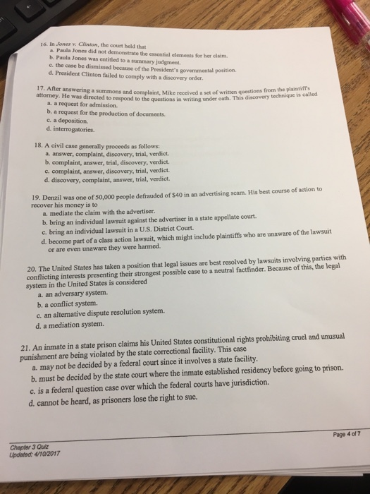 Solved 16. In Jones v. Clinton, the court held that a Paula | Chegg.com
