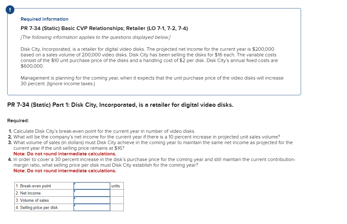 Solved Required informationPR 7-34 (Static) ﻿Basic CVP | Chegg.com