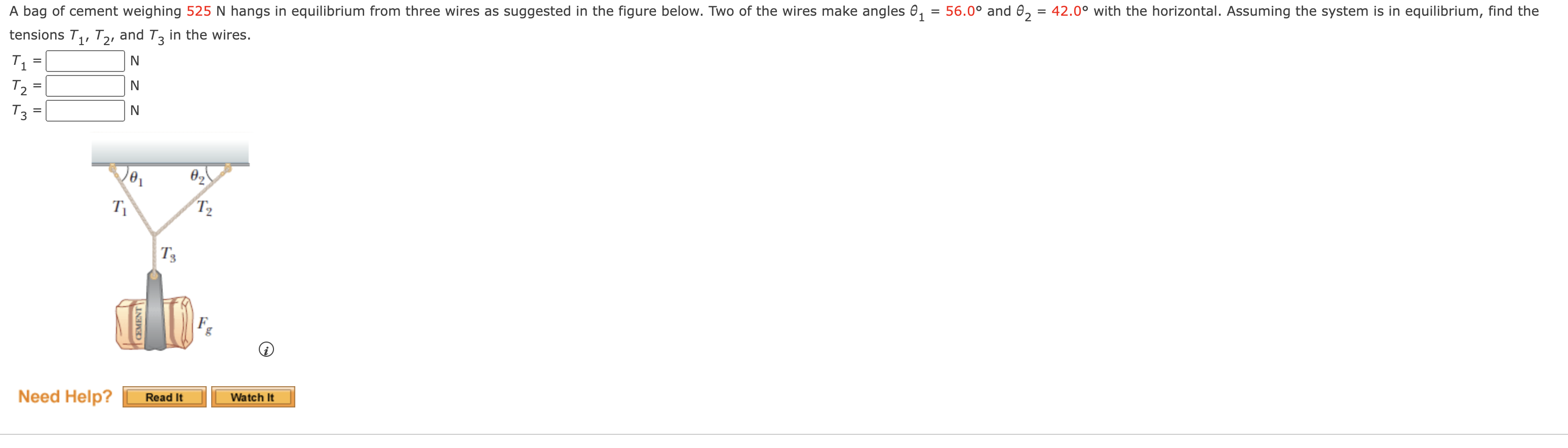 Solved tensions T1,T2, and T3 in the wires. T1=T2=T3=NNN | Chegg.com