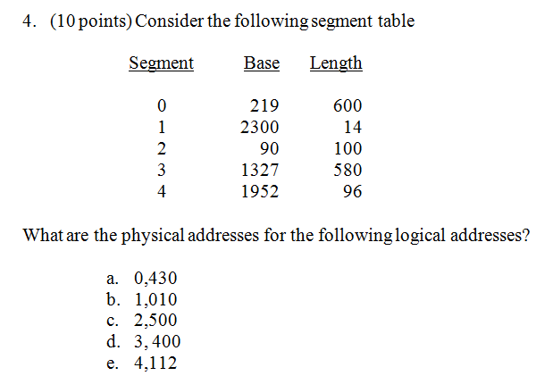Solved 4 10 Points Consider The Following Segment Table 