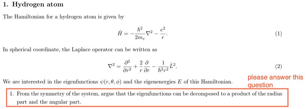 Solved 1 Hydrogen Atom The Hamiltonian For A Hydrogen Atom