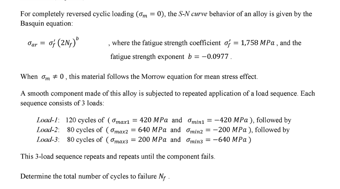 Solved For completely reversed cyclic loading ( σm=0 ), the | Chegg.com