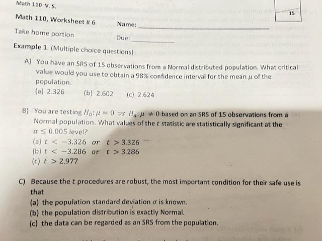 Solved Math 110 V, s Math 110, Worksheet 46 Name: Take home | Chegg.com