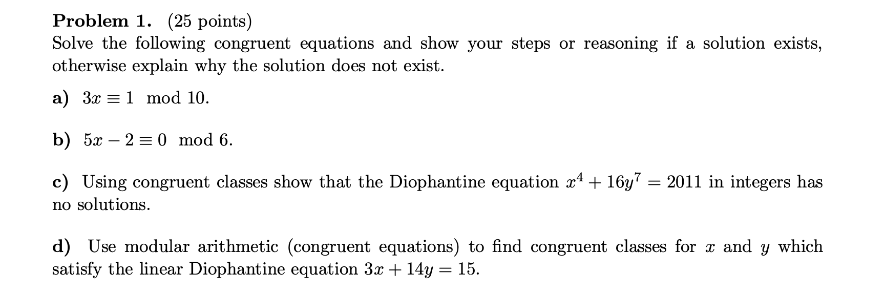 Solved Problem 1. (25 points) Solve the following congruent | Chegg.com