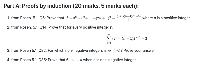 Solved Part A: Proofs by induction (20 marks, 5 marks each): | Chegg.com