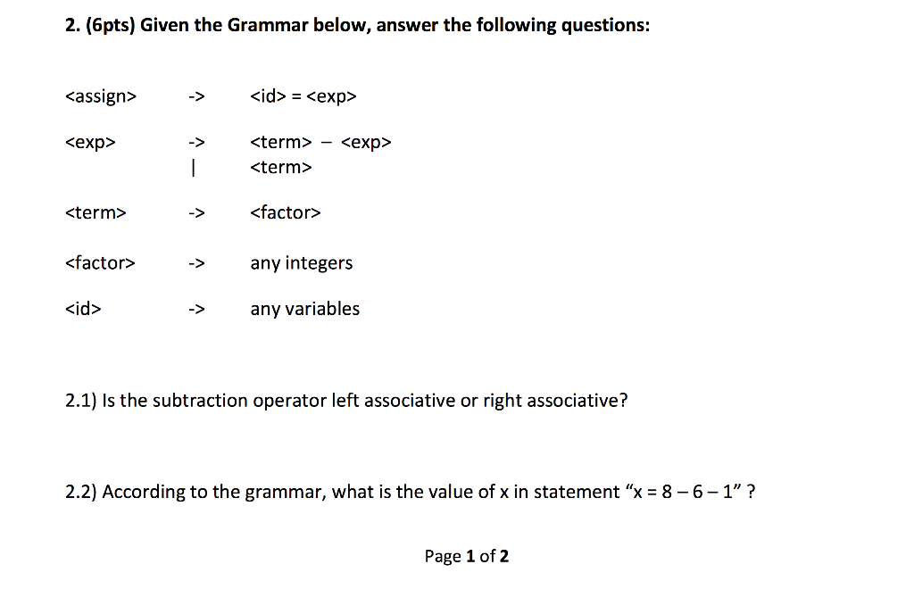 Solved 2. (6pts) Given the Grammar below, answer the | Chegg.com