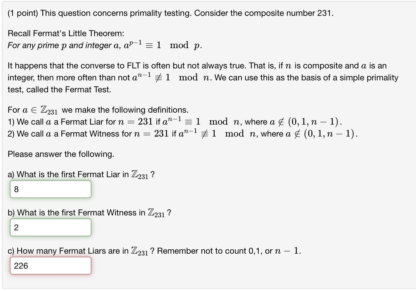 Solved (1 ﻿point) ﻿This question concerns primality testing. | Chegg.com