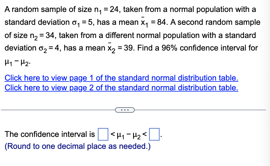 Solved A random sample of size n1=24, taken from a normal | Chegg.com