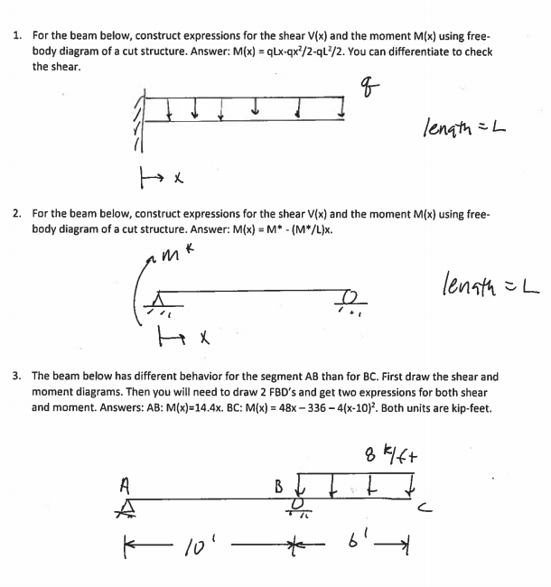 Solved 1. For the beam below, construct expressions for the | Chegg.com