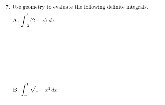 Solved 7. Use geometry to evaluate the following definite | Chegg.com