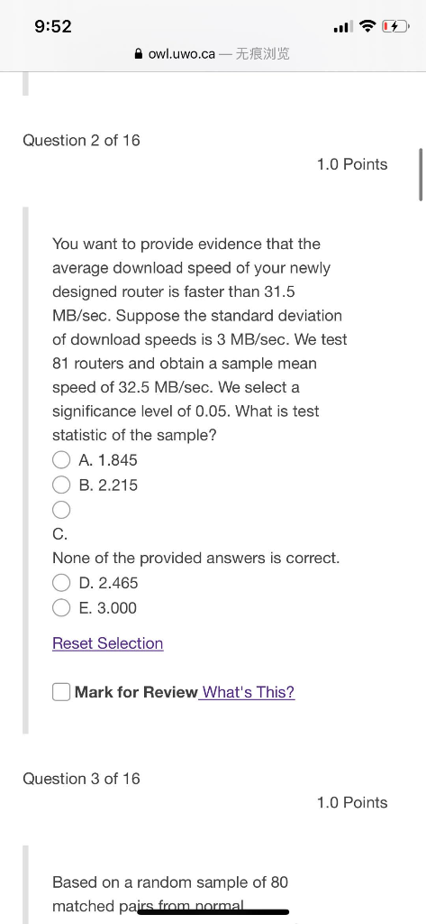 Solved 9:52 owl.uwo.ca - FORUM Question 2 of 16 1.0 Points | Chegg.com