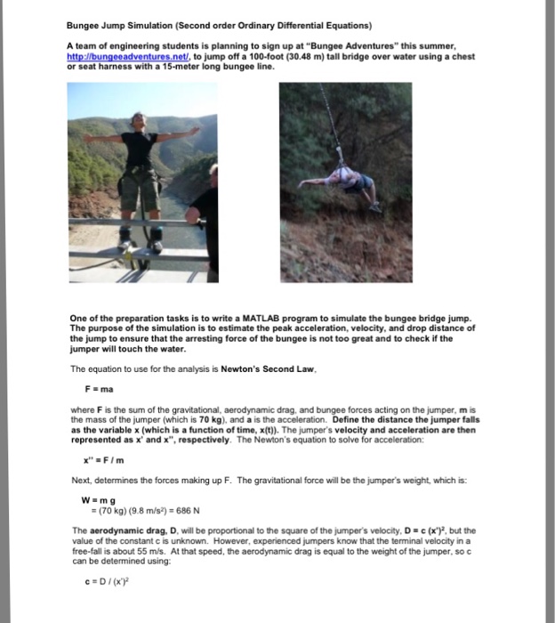 Solved Bungee Jump Simulation (Second order ordinary | Chegg.com