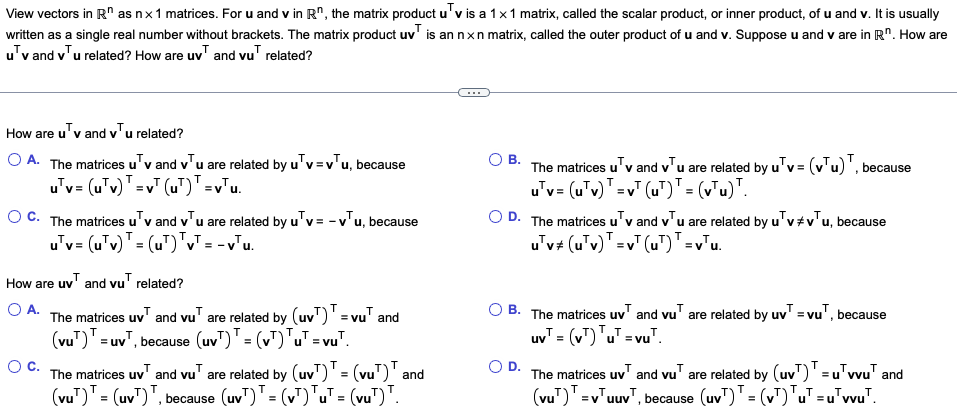 Solved View vectors in R" as nx 1 matrices. For u and v in | Chegg.com
