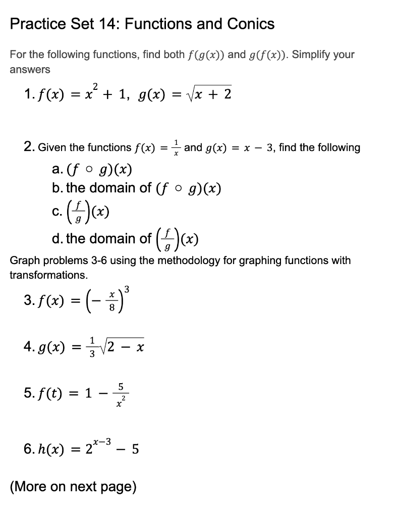 Solved Practice Set 14: Functions and Conics For the | Chegg.com
