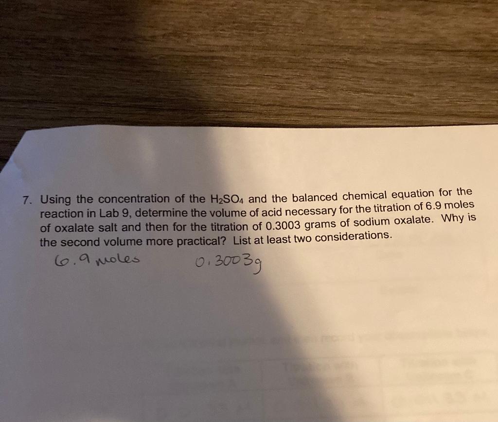 Solved 7. Using the concentration of the H2SO4 and the | Chegg.com