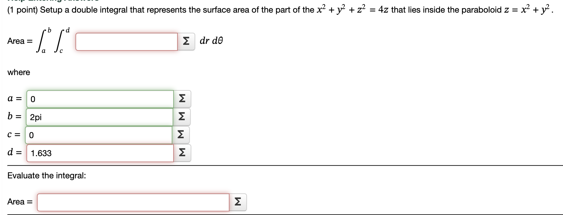 Solved (1 point) Setup a double integral that represents the | Chegg.com