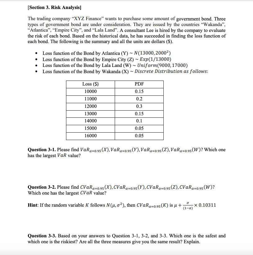 [Section 3. Risk Analysis] The trading company "XYZ | Chegg.com