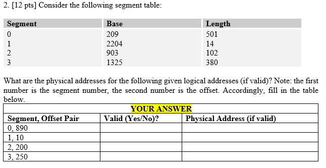 Solved 2. [12 pts] Consider the following segment table: O | Chegg.com