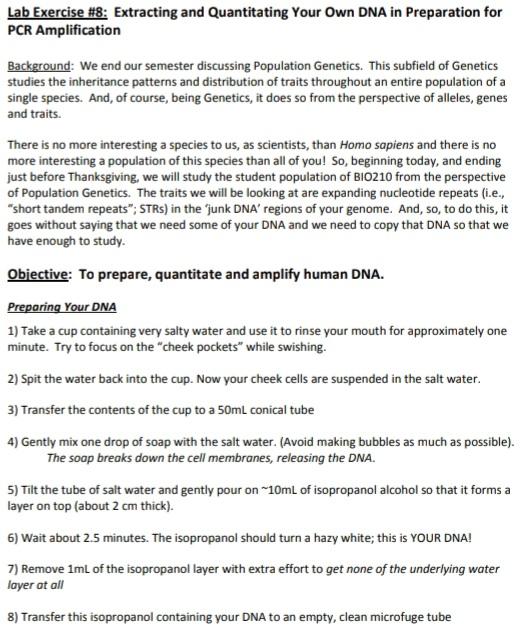 Lab Exercise \#8: Extracting and Quantitating Your | Chegg.com