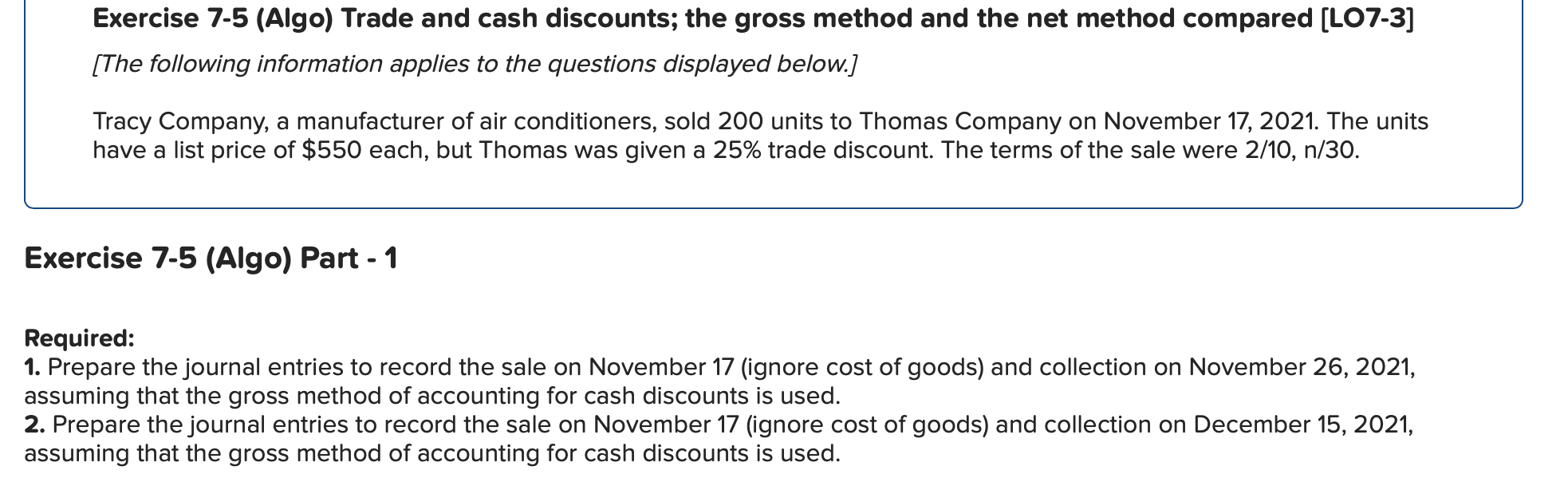 Solved Exercise 7-5 (Algo) Trade and cash discounts; the | Chegg.com