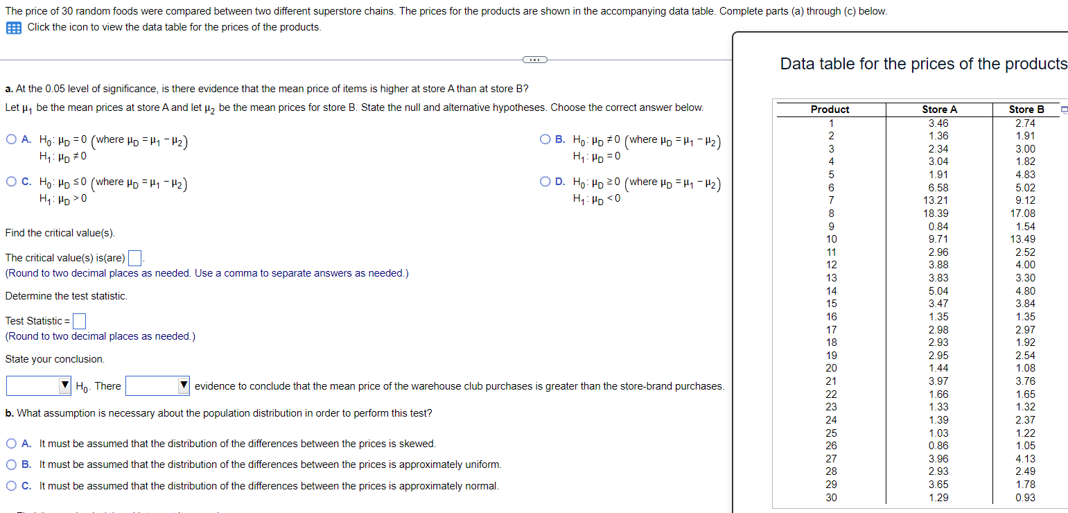 Solved Data table for the prices of the products a. At the | Chegg.com
