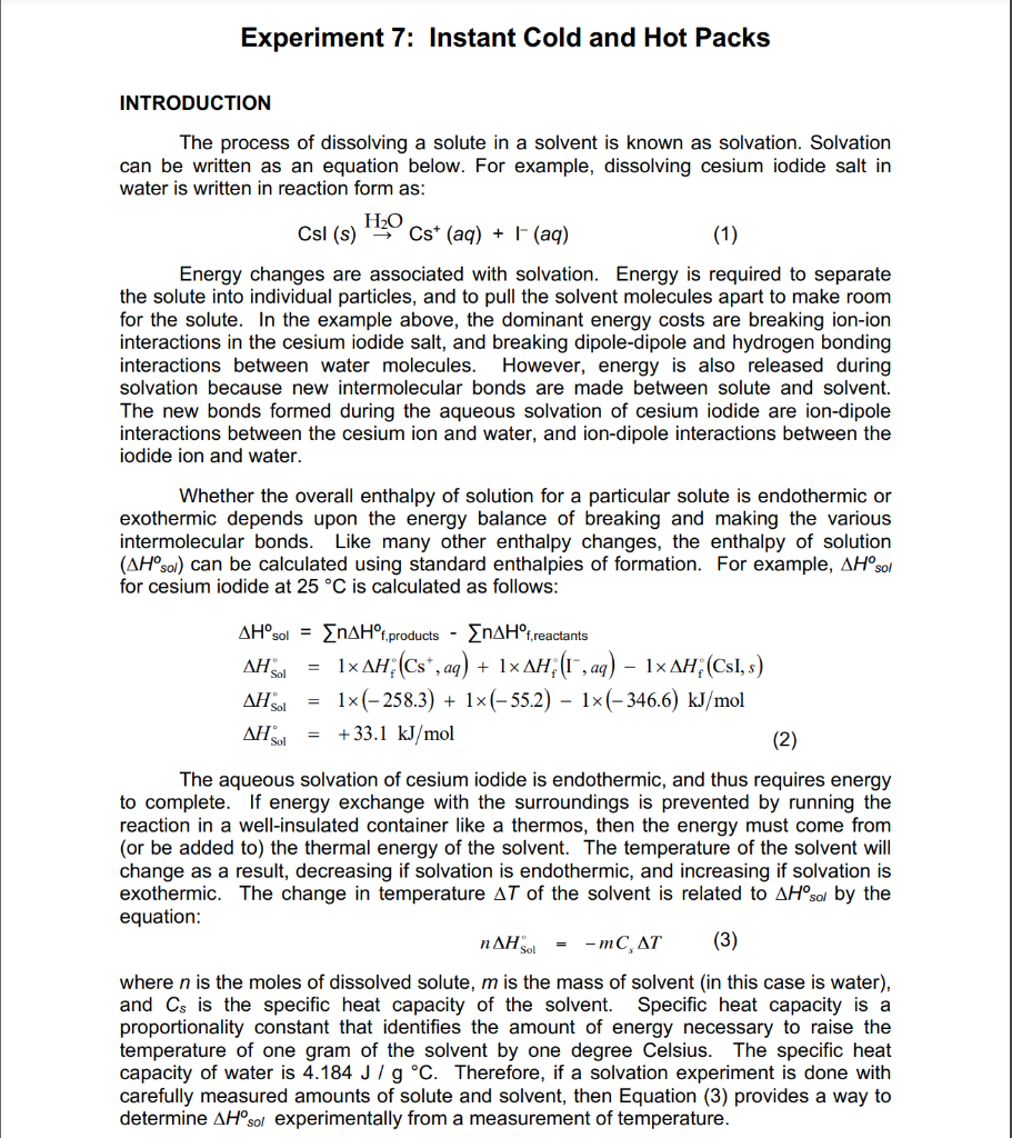 Solved Experiment 7: Instant Cold and Hot Packs INTRODUCTION | Chegg.com