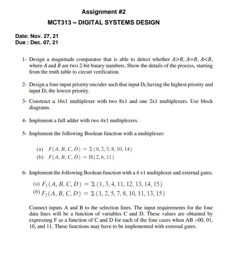 Solved Assignment #2 MCT313 - DIGITAL SYSTEMS DESIGN Date: | Chegg.com