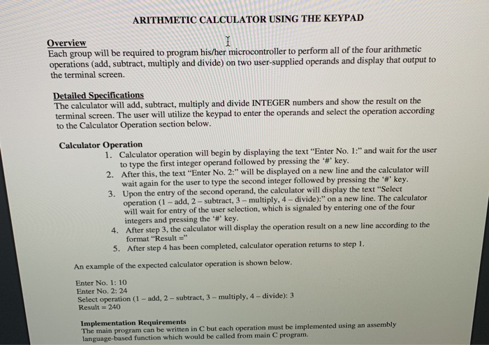 Solved ARITHMETIC CALCULATOR USING THE KEYPAD Overview Each | Chegg.com