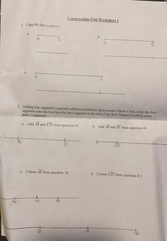 Solved Constructions Unit Worksheet 1 1. Copy the line | Chegg.com