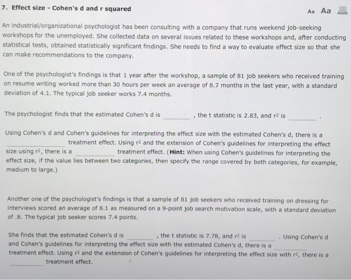 Solved 7. Effect size-Cohen's d and r squared An | Chegg.com