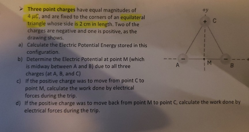 Solved Three point charges have equal magnitudes of 4 HC, | Chegg.com